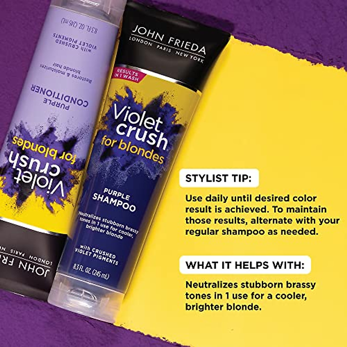 John Frieda Violet Crush Purple Shampoo and Conditioner Set - Blonde Toner Neutralizing Yellow Tones for Bleached and Platinum Hair, Enhancing Blonde Tones, 8.3 oz (2 Pack)