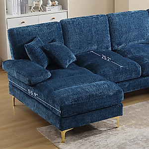 OUYESSIR Chenille U-Shaped Sectional Sofa Couch, 4 Seat Sofa Set for Living Room with 4 Pillows, 114" L-Shaped Chenille Sleeper Couch Set with Double Chaise Lounge (Blue)