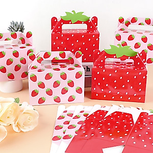 ojustbeok 12Pcs Strawberry Party Favor Box Summer Strawberry Gift Boxes Cute Fruit Goody Boxes Folding Paper Treat Box for Sweet One Strawberry Birthday Baby Shower Decor Supplies 6.3 * 3.2 * 3.9inch