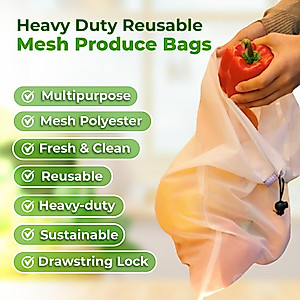 purifyou Reusable Produce Bags | Washable Mesh Set of 9 Grocery with Drawstring, Large Foldable Washable Shopping Bags for Fridge Storage, Freshness, Fruits, Vegetables, Toys, Groceries, Kitchen, Home, Farmers Market, Gift Bags and Travel