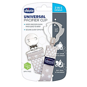 Chicco Universal Two in One Baby Pacifier/Soother Clip/Holder with Universal Loop for Teethers and Small Toys, Plus Soft Attachment Ring Included for Knob Style Pacifiers, Grey/White