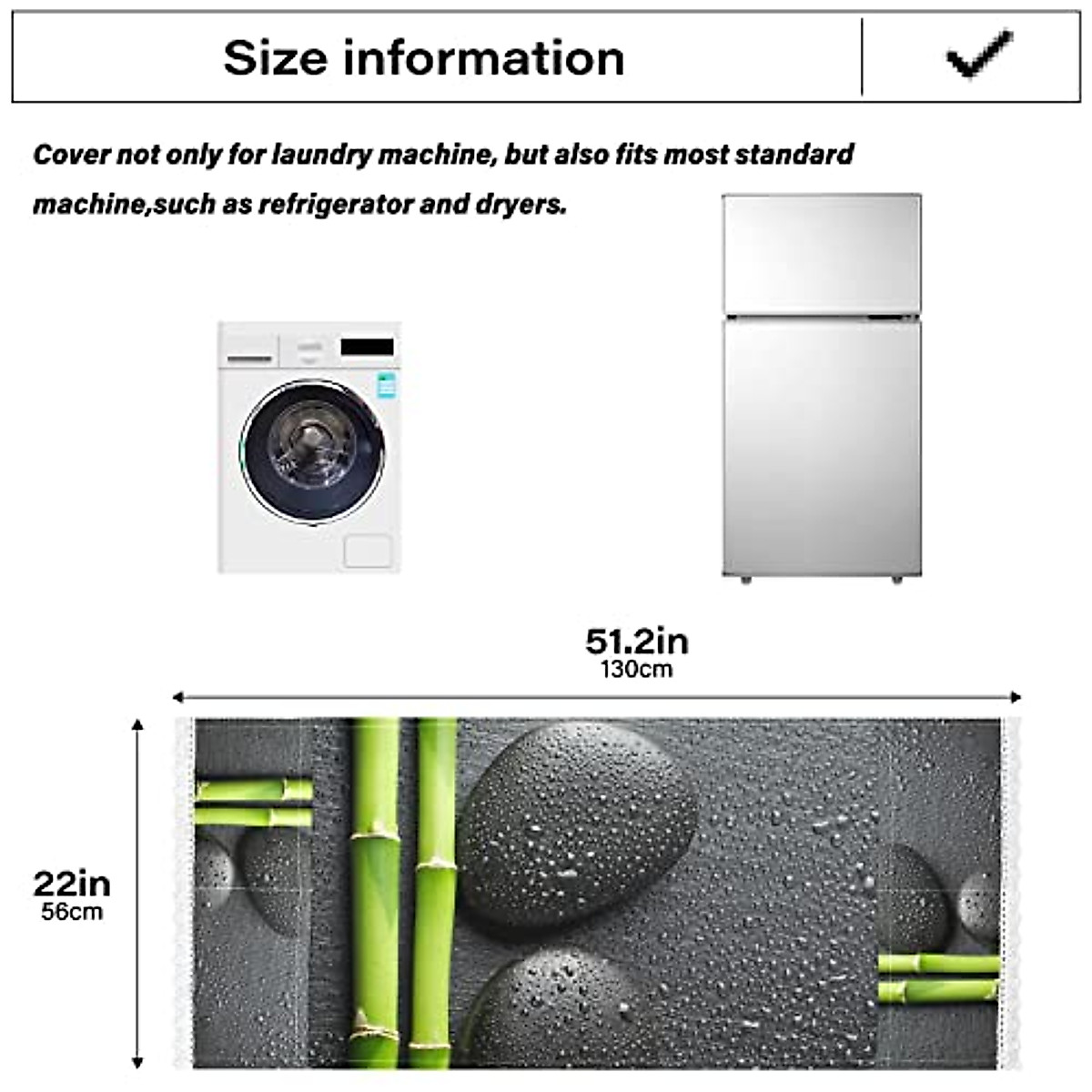 Poeticcity Black Zen Basalt Stones with Dew Green Bamboo on Dark 1 PC Washing Machine Cloth Dustproof Cover with Storage Bags Lace, Fridge Oven Dryer Top Dust Oil Proof Cover 51" x 22" for Home