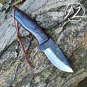 ZEASNA ZE-HK-51 Handmade Carbon Steel hunting knife with Leather Sheath Outdoor Full Tang Fixed blade Bushcraft Knife, survival knife for Hunting Camping Skinning with Wood Handle (Black)