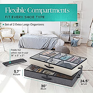 Woffit Under Bed Shoe Storage Organizer - Set of 2 Large Containers, Each Fits 12 Pairs of Shoes - Sturdy Box w/Adjustable Dividers - Underbed Shoe Storage for Kids & Adults, Beige