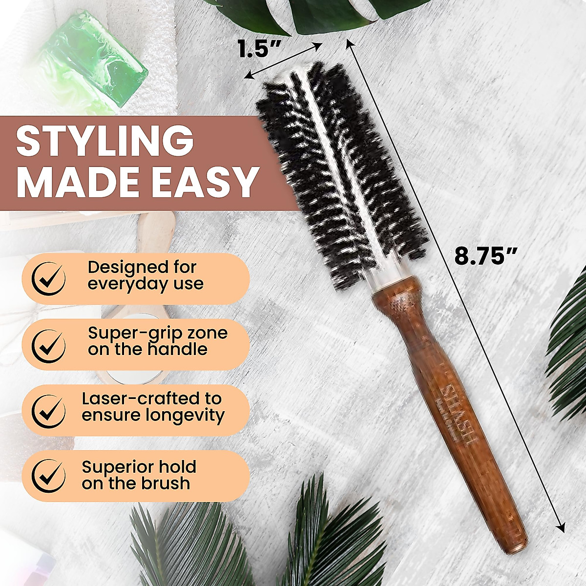 Since 1869 Hand Made In Germany Professional Series Boar Bristle Round Brush - Add Volume, Help Fight Frizz - Super-Grip Handle for Easy Styling - Eco-Sour (Small)