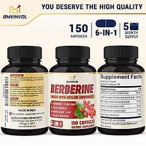 Berberine with Ceylon Cinnamon, Turmeric, Milk Thistle, Artichoke, Black Pepper - 150 Count - Pack of 1