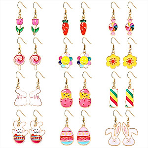 12 Pairs Easter Earrings for Women Enamel Bunny Drop Earrings Cute Rabbit Dangle Earrings Colorful Egg Earring Set Easter Theme Jewelry (12PCS Easter Set)