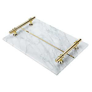 HighFree Marble Stone Decorative Tray, Luxurious Handmade Nightstand Tray with Copper-Color Metal Handles for Counter, Vanity, Dresser, Nightstand and Desk