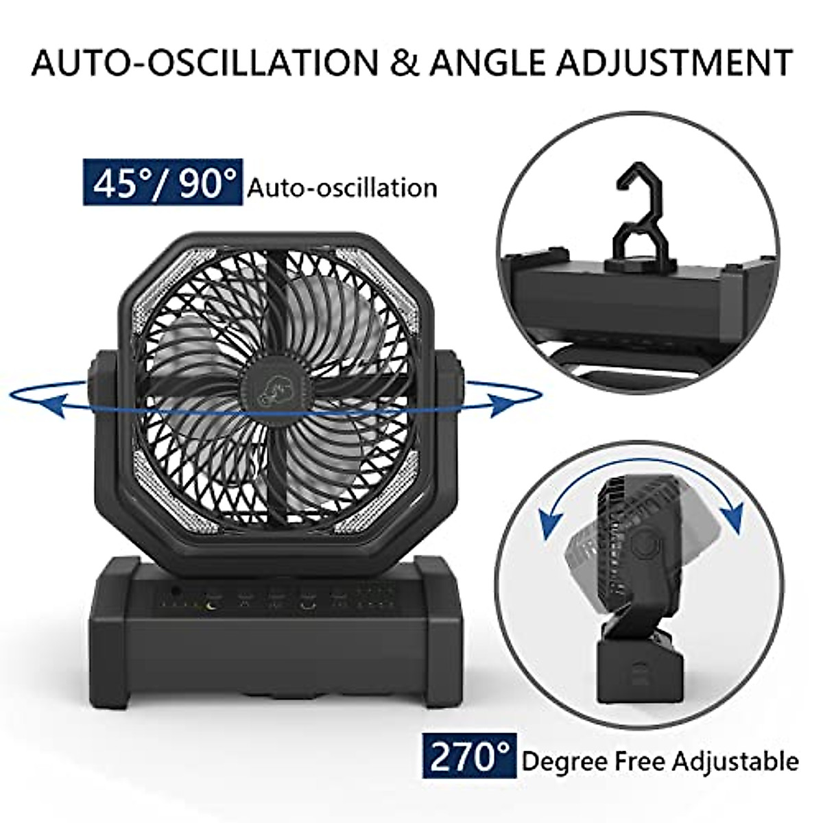 SALLOUS Camping Fan with LED Light, 20000mAh Rechargeable Battery Operated Table Fan, Auto-Oscillating Tent Fan with Remote & Hook, 4 Speed Portable Camping Fan for Travel Picnic Fishing, Black