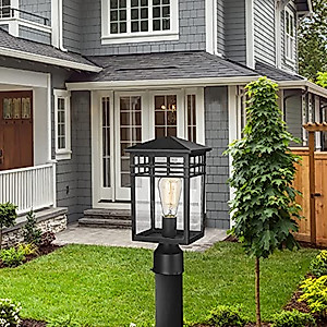 Diyel Outdoor Post Light Fixture, Modern Exterior Pillar Lantern with Black Finish & Seeded Glass, Pole Light for Garden, Backyard, Courtyard, Patio, Porch, RZ009-P BK