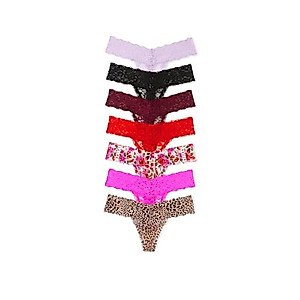 Victoria's Secret Lace Thong Panty Pack, Lay Flat Lace, Underwear for Women, 7 Pack, Playful Solids & Prints (M)