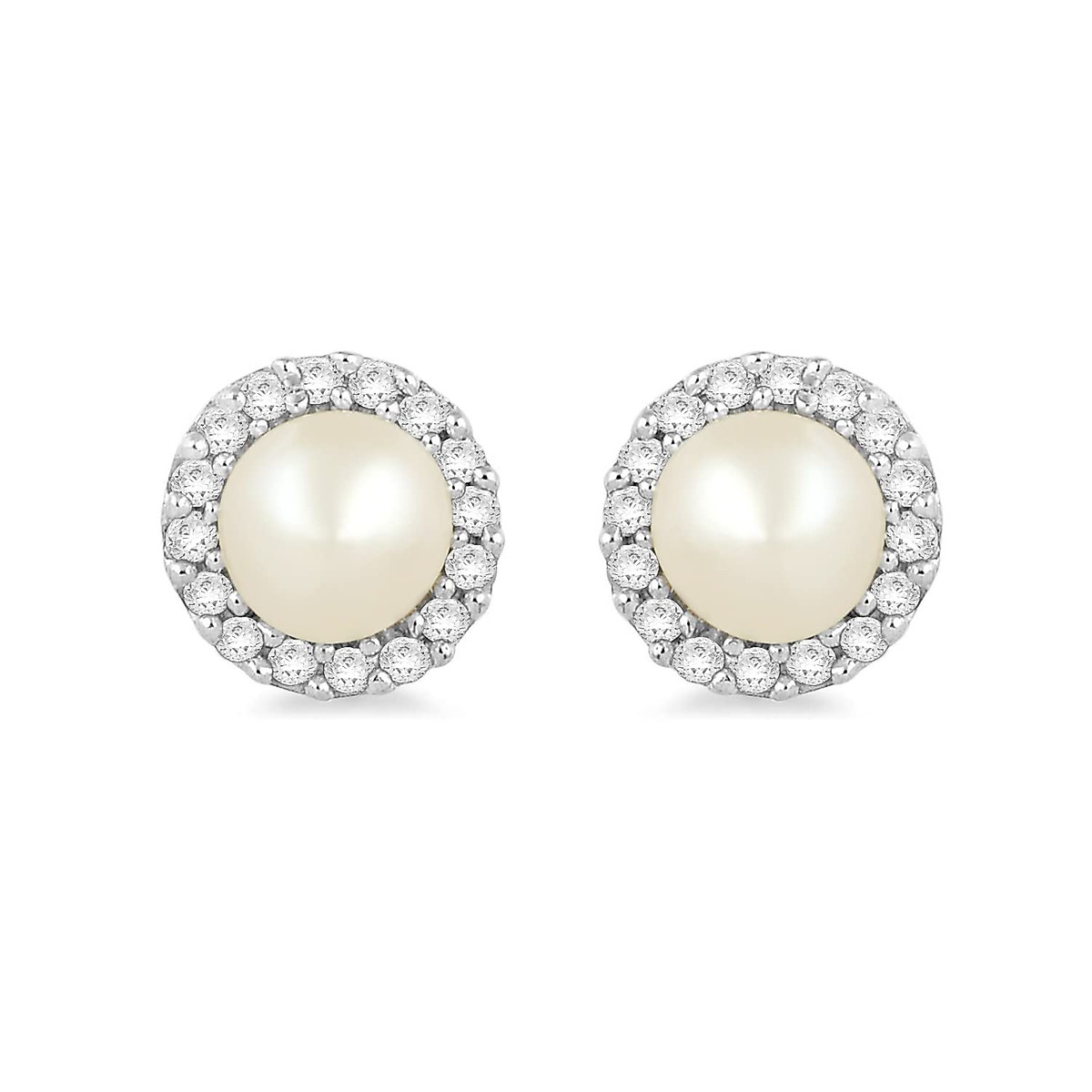 Jewelili 10k Yellow Gold Stud Earrings with 4mm Round Pearl and Natural White Round Diamonds, 1/10 cttw
