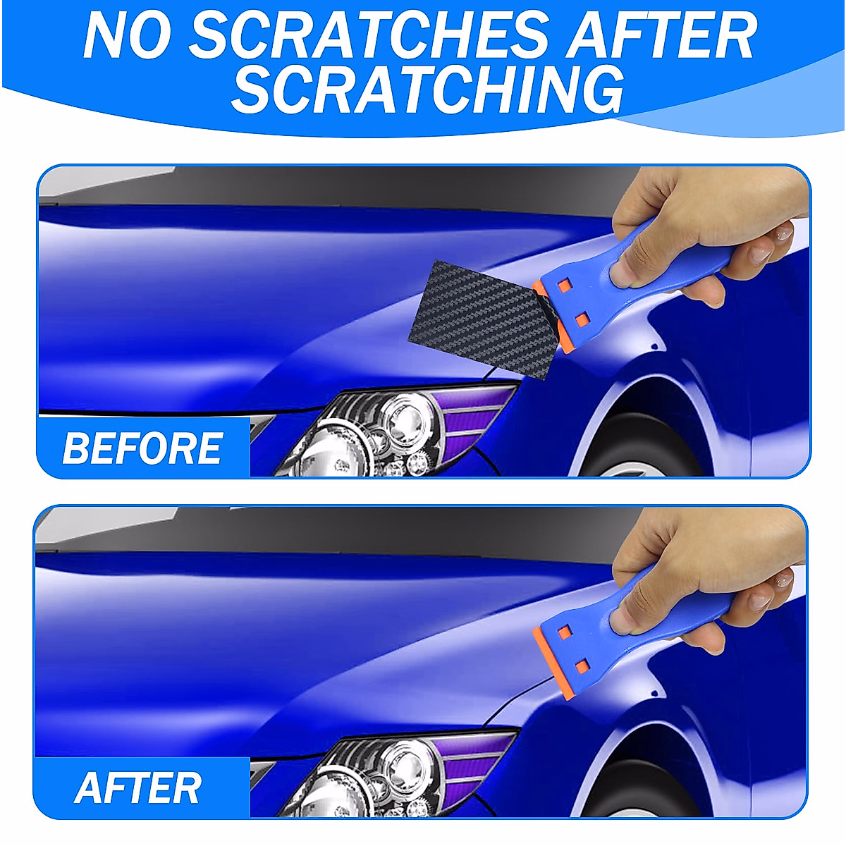 Plastic Razor Blades Scraper, 2 Pcs Plastic Scraper Tool for Car with 100 Pcs Razor Blades for Gasket Remover, Labels Decal and Adhesive Remover for Windows and Glass,Blue