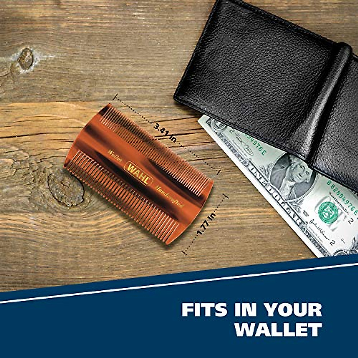 Wahl Beard & Mustache Wallet Comb for Men's Grooming - Handcrafted & Hand Cut with Cellulose Acetate - Smooth, Rounded Tapered Teeth - Model 3327