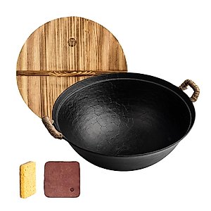 WANGYUANJI Handmade Cast Iron Wok 11.8",Small Round Bottom Wok for 1 Person with Dual Handle,Suitable for Gas Stoves,Uncoated Chinese Traditional wok with Round-bottom Woks
