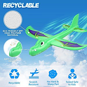 FRONTSUN 3 Pack Dinosaur Airplane Launcher Toys, 2 Flight Modes Kids Outdoor Flying Toys Airplanes Foam Glider Catapult Planes, Birthday Gifts for Boys Girls 3 4 5 6 7 8 9 10 11 12 Year Old