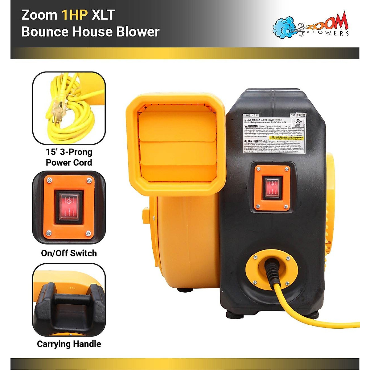 Zoom Blowers XLT 1hp Inflatable Bounce House Blower Fan, Energy Efficient, Commercial Electric Low Amp Draw Air Blower for Inflatables, Water Slide, Bouncy House, or Obstacle Course for Kids