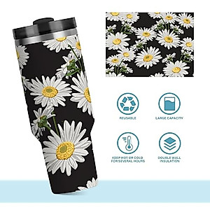 pnyoin White Daisy Insulated Tumblers With Handle And Straw 30 oz Stainless Steel Tumbler Cups With Lid Leakproof BPA-Free Water Bottle,Cup Holder Compatible for Travel