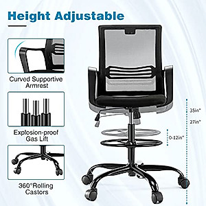 Drafting Chair, Tall Office Chair with Adjustable Foot Ring, Standing Desk Chair with Ergonomic Lumbar Support and Adjustable Armrests, Swivel Rolling Tall Chair, Breathable Mesh, Height Adjustable
