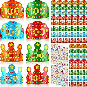 72 Pcs 100th Day of School Crowns with 6 Sheets Acrylic Rhinestone Stickers DIY 100 Days Paper Party Hat Happy Adhesive Rhinestones Paper Crowns for Kid 100 Days of School Celebration Party Favors