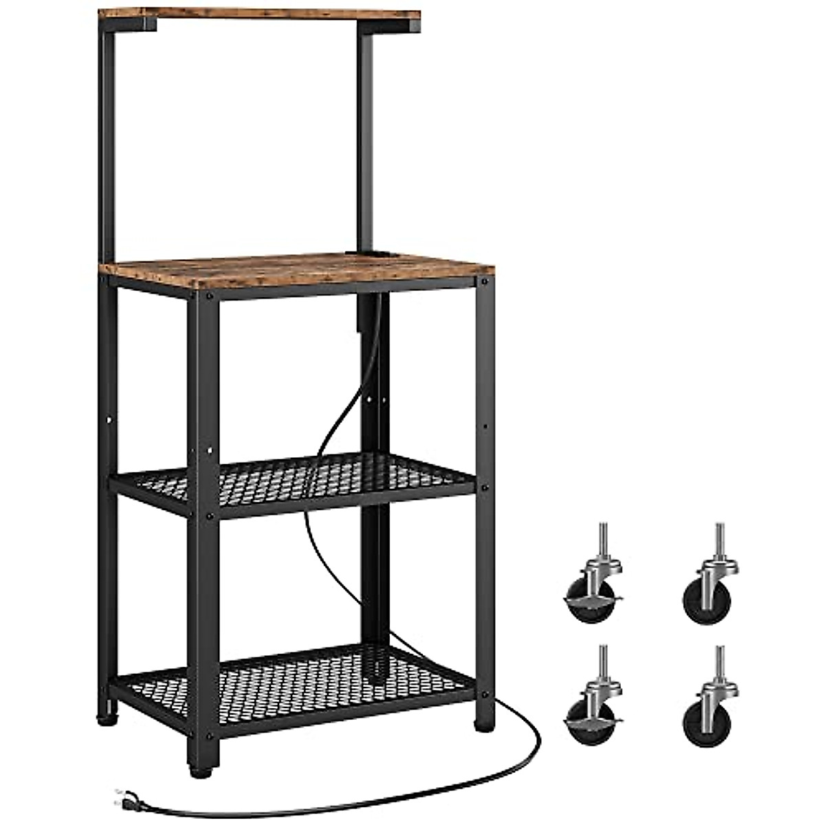 IRONCK Bakers Rack with Power Outlet, Industrial Microwave Cart with Wheels 3-Tier Coffee Bar for Kitchen Living Room Vintage Brown