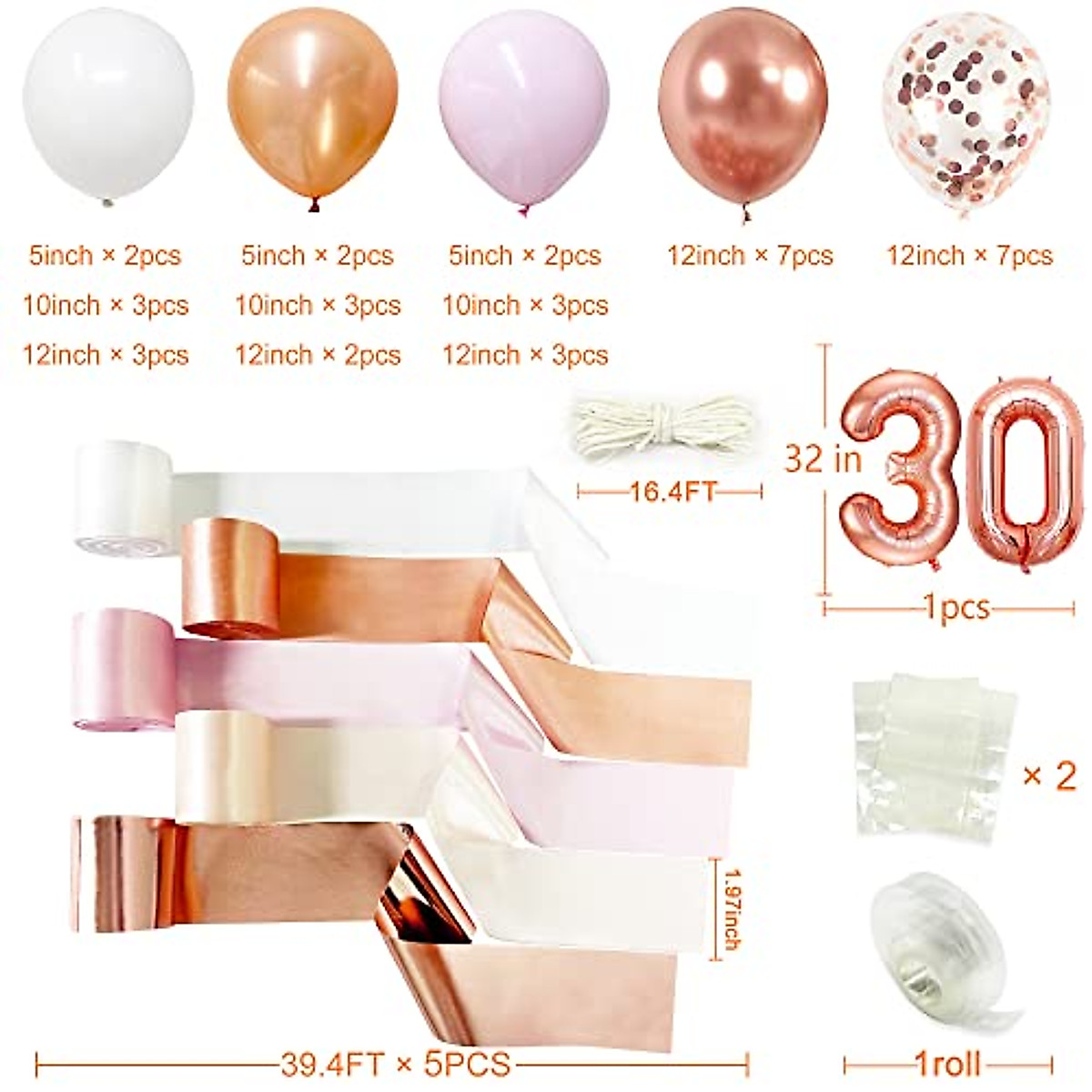 Rose Gold 30th Birthday Backdrop Pink Balloon Arch Garland Fabric Ribbon Photo Backdrop for Womens 30th Birthday Decorations 30 and Fabulous Cheers to 30 Years Anniversary Dirty Thirty Party Decor