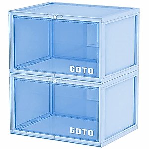 GOTO 2 Packs of Macaron Shoe Storage Boxes, Clear Plastic Side Opening Shoe Box, Stackable Shoe Organizer, Multi-function Storage Box, Sneaker Display Case Fit Up To US Male Size 13 (BLUE)