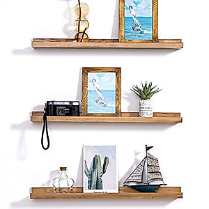 AZSKY Rustic Floating Shelves Wood Wall Shelf Light Walnut 24 Inch Narrow Wooden Photo Picture Ledge Display Wall Shelves with Lip a Set of 3 Wall Mount Shelves for Decor and Storage