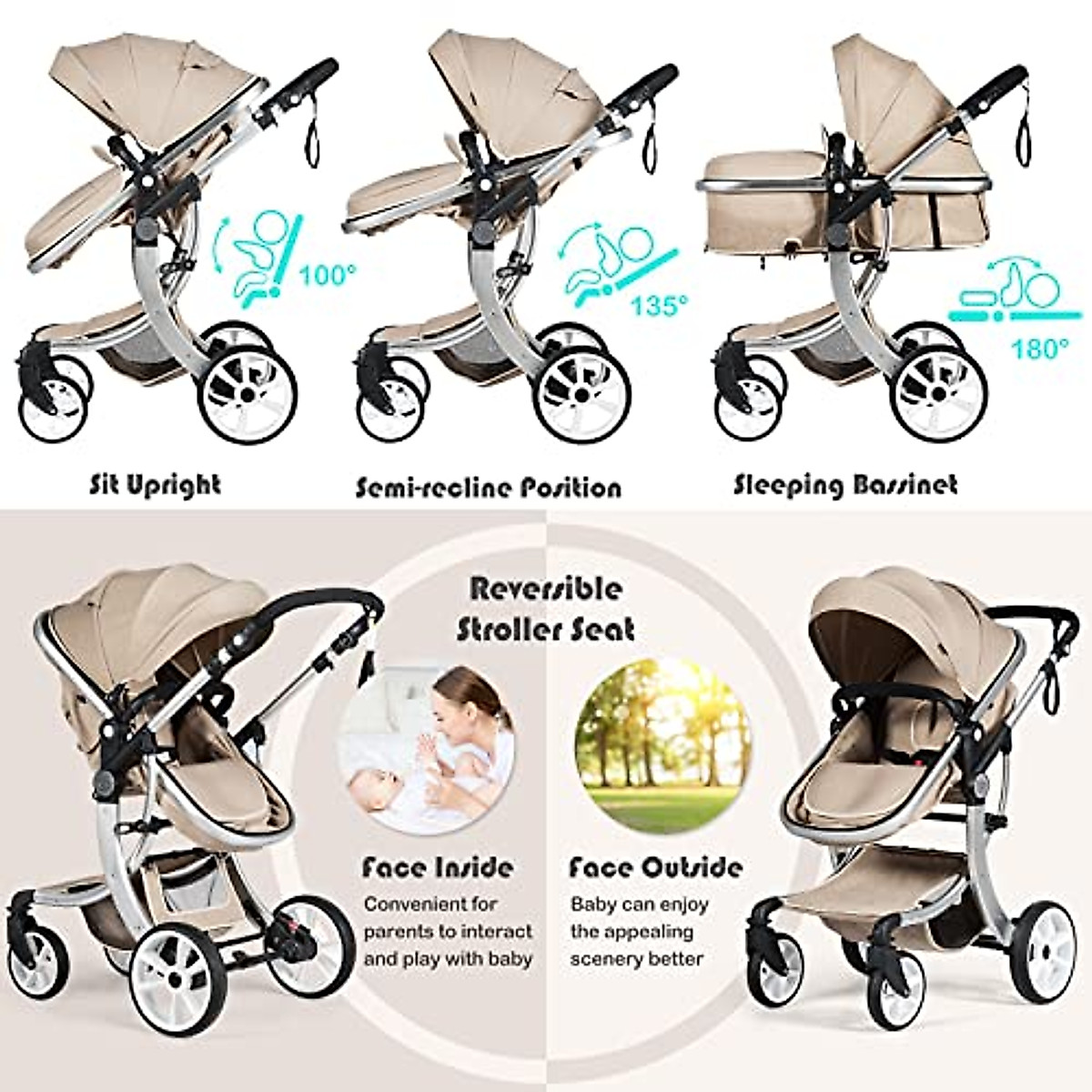 BABY JOY 2-in-1 High Landscape Baby Stroller, Reversible Bassinet Reclining Stroller, Foldable Push Chair w/Adjustable Canopy, Storage Bag, Foot Cover, Rain Cover & Net, Aluminum Alloy Frame (Beige)