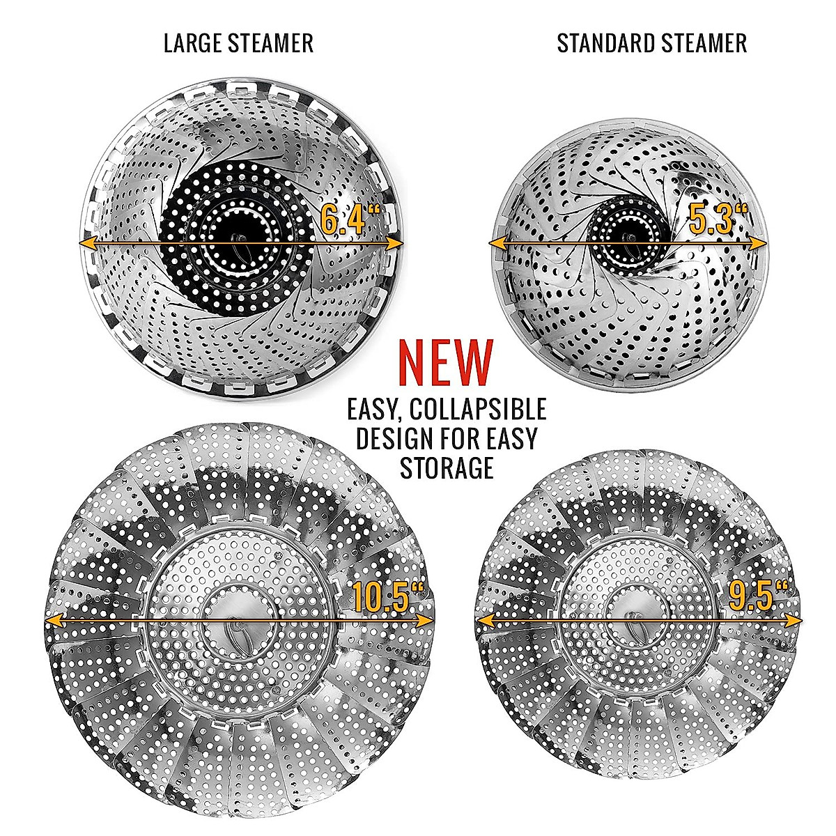 Two-Pack Vegetable Steamer Baskets (Two Sizes) Folding Expandable Steamer Inserts for Instant Pot Accessories, Safety Tool, Stainless Steel, Pressure Cooker, Pot in Pot, Food Steamer Cooking