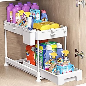 SPACEKEEPER Under Sink Organizer, Sliding Cabinet Basket Organizer 2 Tier Under Bathroom Storage Rack with Hooks, Hanging Cup, Dividers, Multi-purpose Storage Shelf for Bathroom Kitchen, White
