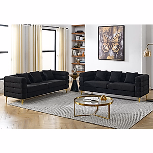 Comfy 3 Seater Sofa, 81-inch Oversized Boucle Couch with Deep Seat Design, Upholstered Sofa Couch with 2 Pillows, Modern Living Room Sofa with Stylish Metal Legs for Office, Waiting Room, Black Teddy
