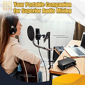 TNP Mini Mixer Audio - Compact 2 Channel Stereo Mixer, Black, Easy Control, Portable, Compatible with 6.35mm Dynamic Microphones & RCA Stereo Output