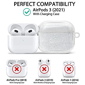 Fingic Compatible with AirPods 3 Case 2021, Full Body Protective Glitter Sparkle Shockproof Hard Cover with Keychain for AirPods 3rd Generation Charging Case - Clear/White