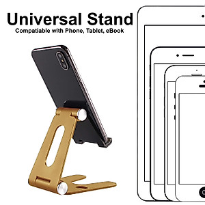 Pokanic Cell Phone Tablet Fully Foldable Stand Dock Holder Cradle Mount Organizer Charger Station Table Desk Bed Office School Kitchen Travel Portable Adjustable Multi-Angle Aluminum (Gold)