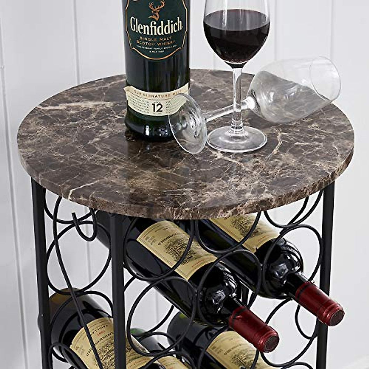 VECELO Metal Wine Rack Console Table, Freestanding Floor Bottles Organizer & Display Shelf with Faux Marble Finish Top, for Bar Kitchen Dining Living Room, Small Spaces, Holds 15, Black