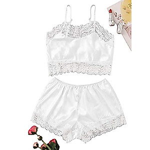 SweatyRocks Women's Satin Lace Sleepwear Spaghetti Strap Top and Shorts Pajama Set White M