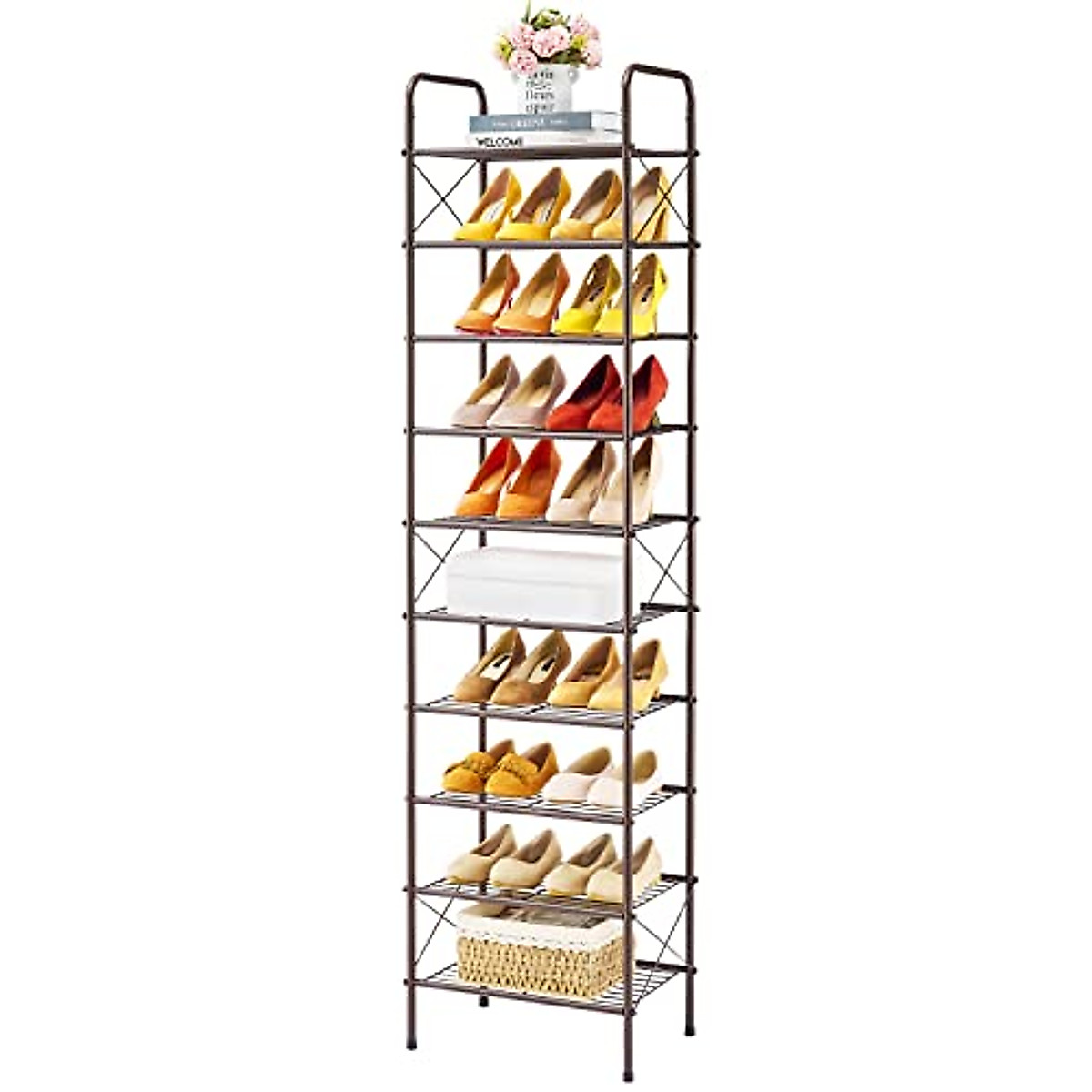 Tajsoon 10-Tier Shoe Rack Organizer, Narrow Shoe Rack for Closet Entryway, Metal Mesh Shoe Storage Shelf with X Shape Fixed Frame, Bronze