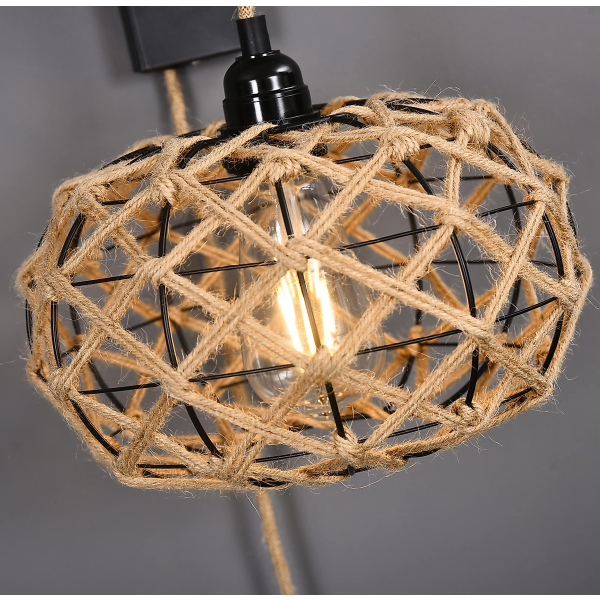 Plug in Wall Sconces Rattan Boho Decor Wall Sconce Light Woven Wicker Wall Lamp with Plug in Cord Dimmable Hanging Lamps That Plug Into Wall Outlet Rustic Wall Lamp Light for Bedroom Living Room