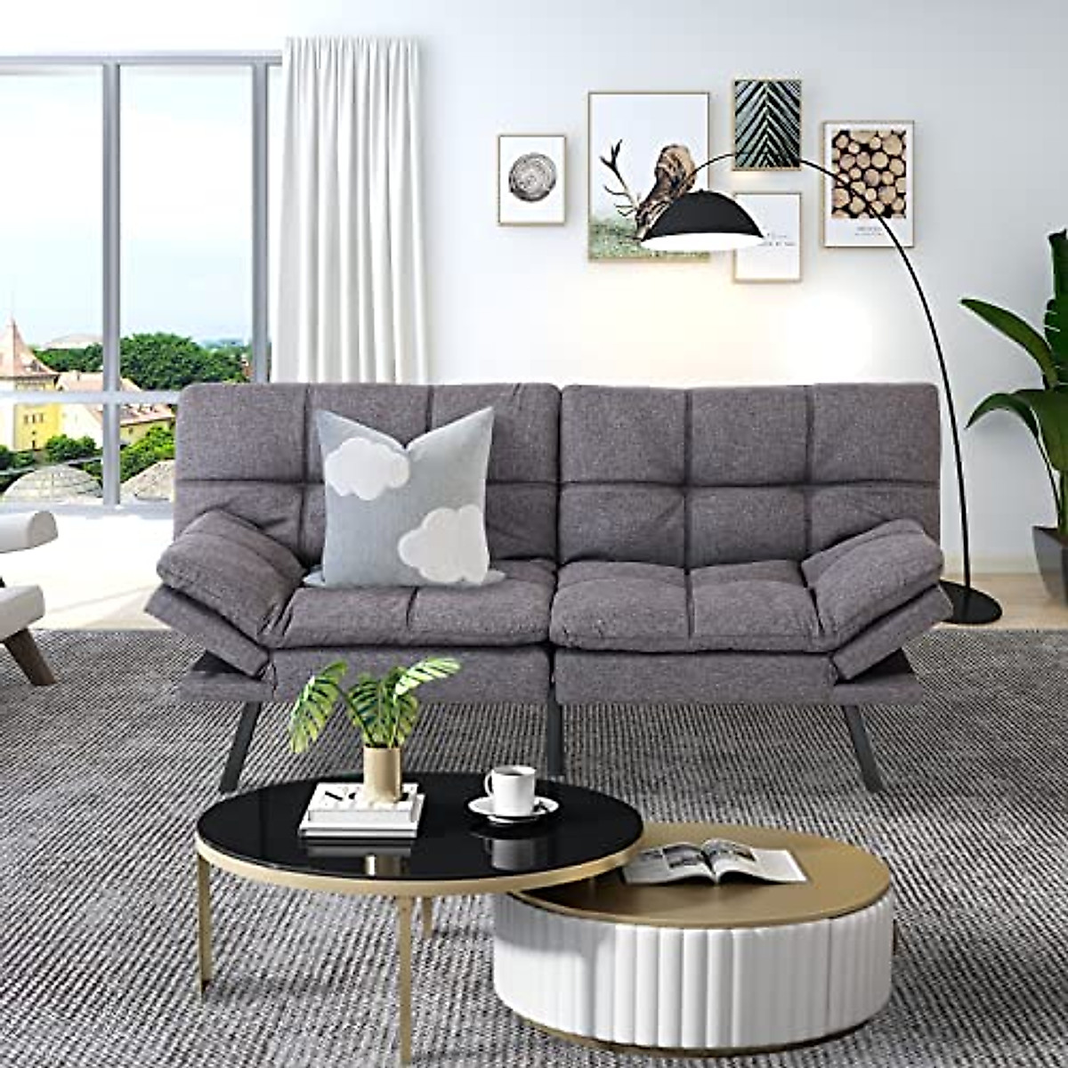 Maxspeed Futon Sofa Bed Memory Foam Couch Convertible Modern Loveseat Sleeper Sofa with Adjustable Armrests and Metal Legs,Multifunctional Futon Sofa Bed for Living Room,Office, Small Spaces(Grey)