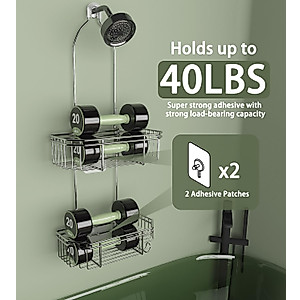 WXCGX Hanging Shower Caddy Over Shower Head Organizer: Height Adjustable Large Bathroom Storage Shelf with Soap Holder - Stainless Rustproof Shower Rack Basket with Hooks for Sponge Razor - Silver