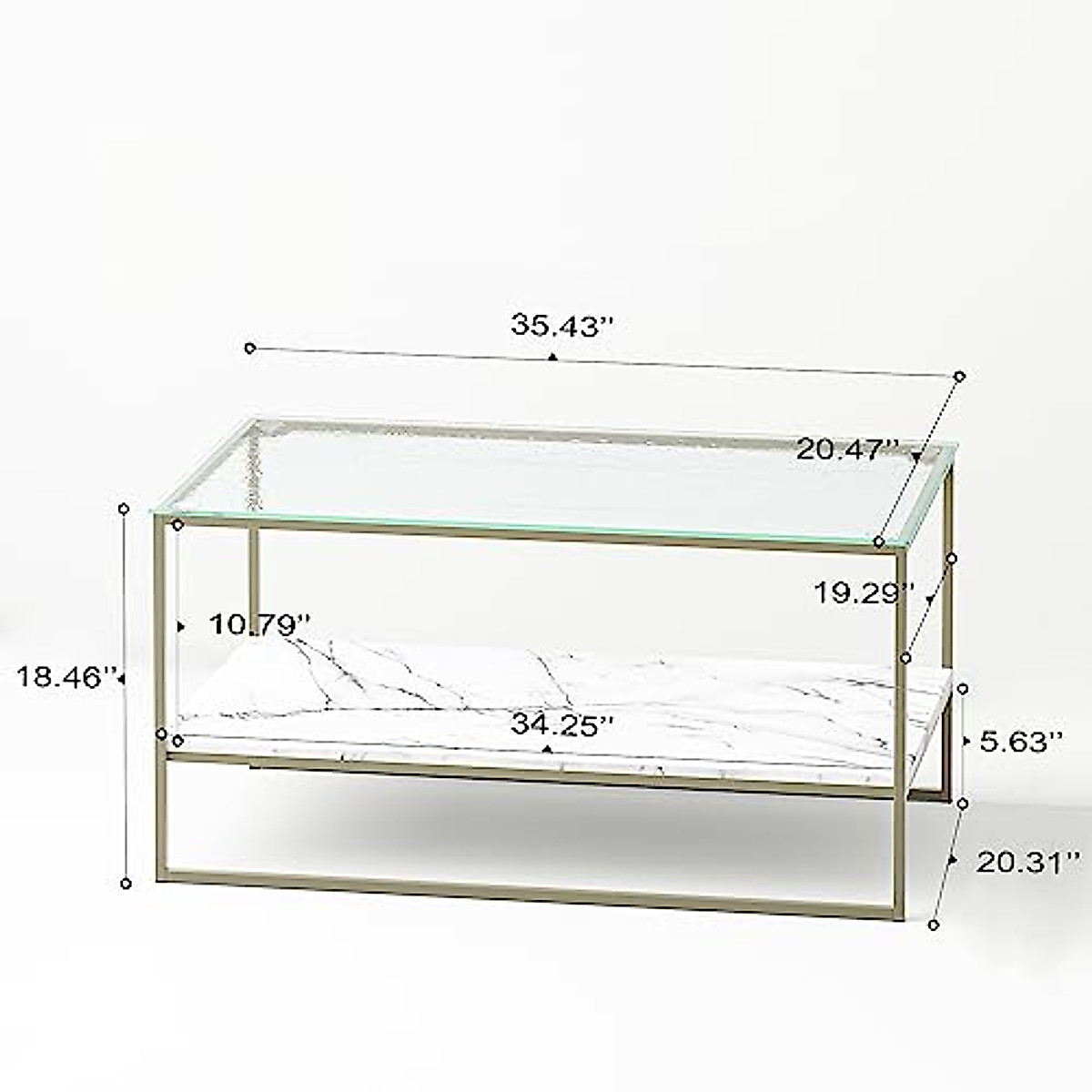 Tilly Lin 35" Elegant 2 Tier Glass Top Coffee Table with White Faux Marble and Gold Metal Legs, Rectangular Cocktail Table with Storage for Living Room