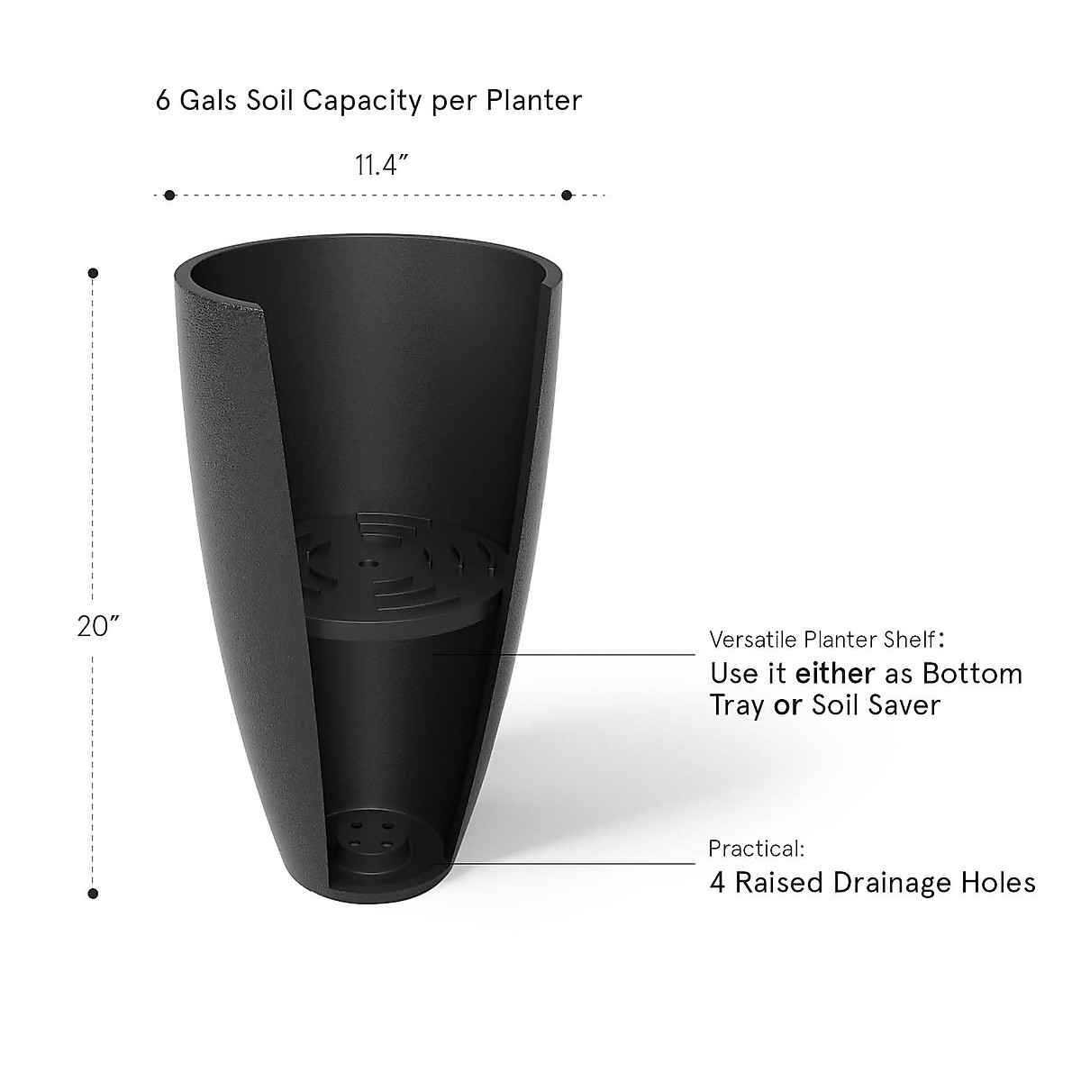 LA JOLIE MUSE 20inch Tall Planters Set of 2,Black Indoor/Outdoor Planters with Trays,Tree Plant Pots for Front Door,Patio and Deck