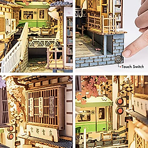 ROBOTIME DIY Book Nook Kit Decorative Bookend Insert Bookcase Book Stand Miniature House Kit with LED Light Creative Gift for Birthdays (Sakura Tram)