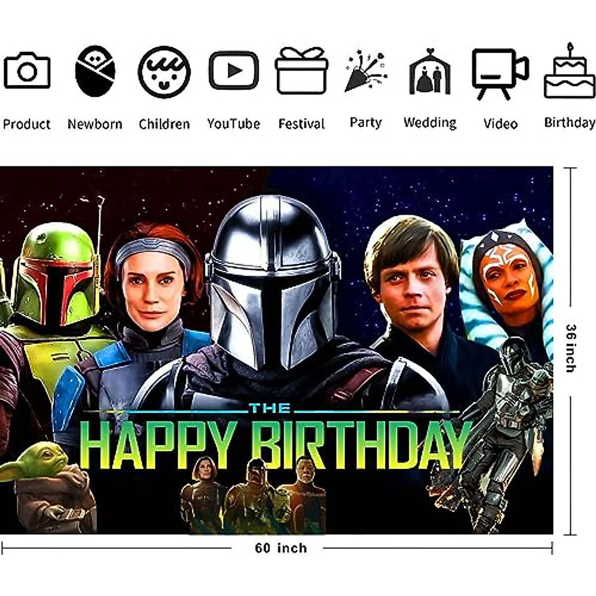Mandalorian Background Birthday Decorations, Mandalorian Happy Birthday Banner Backdrop for Mandalorian Birthday Party Supplies (5x3ft)