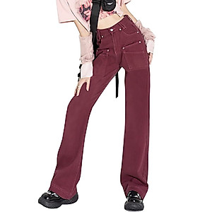 LONGYIDA Women's High Waisted Baggy Jeans Stretchy Wide Leg Straight Jeans Y2K Boyfriend Relaxed Fit Denim Pants Trousers(Red,XL)