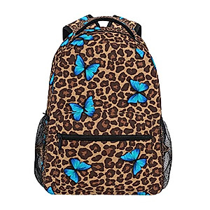 Blue Butterfly Leopard Cheetah Print School Backpack for Boys Girls, Elementary School Bookbag Travel Bag Laptop Daypack with Name Tag