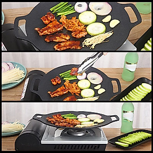 Korean Non-stick Round Baking Pan, Korean BBQ Grill Pan, Round Barbecue Griddle Pan with Handle for Indoor Outdoor Stovetop Grilling, Frying, Sauteing, PFOA Free (12inch)