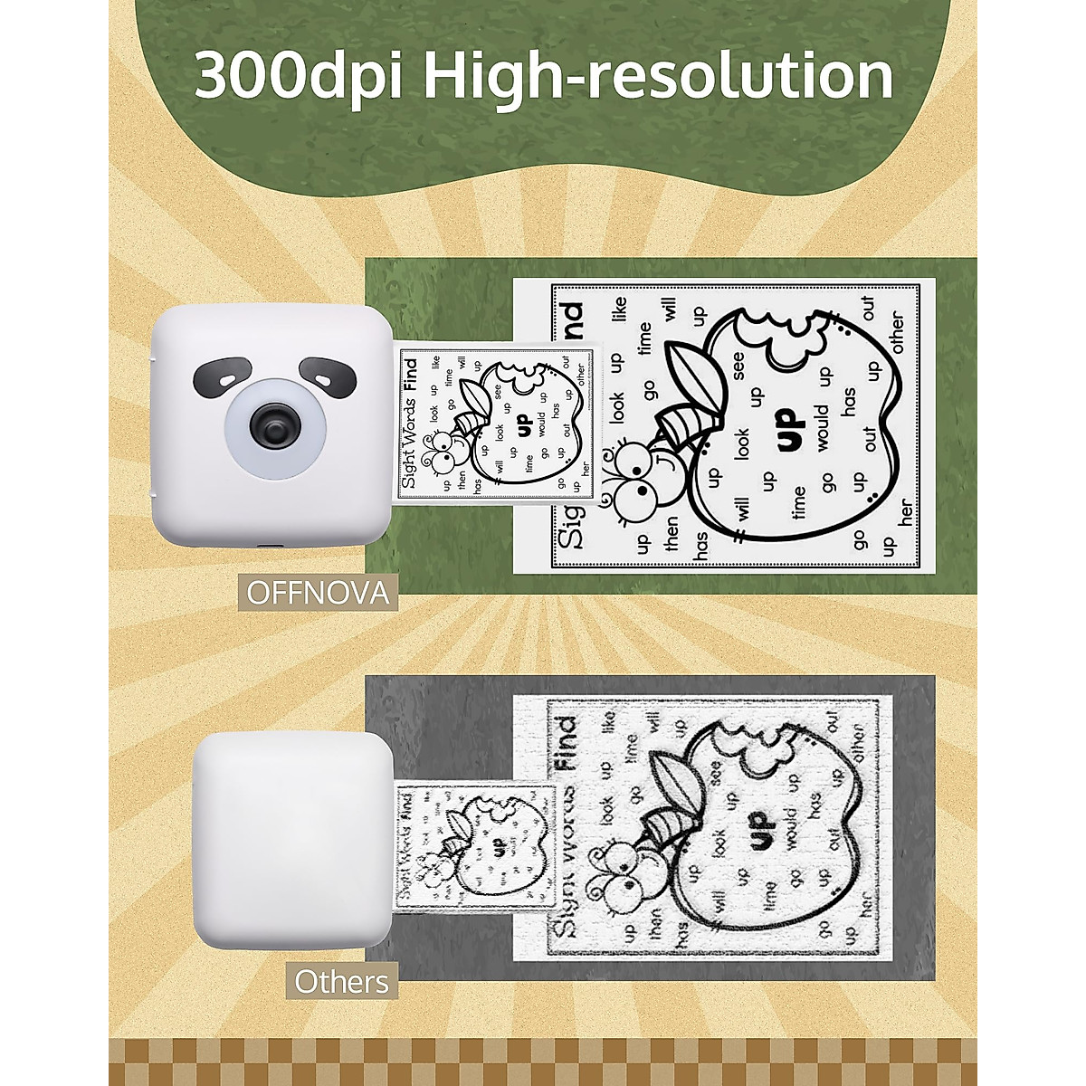 OFFNOVA Mini Printer, 300DPI Inkless Sticker Printer, Bluetooth Pocket Printer with 1 Roll Sticker Paper, Portable Study Printer for Pictures, Journals, DIY, Compatible with Phone & Tablet