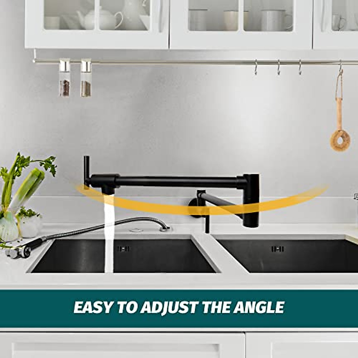 Pot Filler Faucet, Solid Brass Commercial Pot Filler Wall Mount Kitchen Stove Faucet Folding Restaurant Sink Faucet with Joint Swing Arm & Handles (Black)